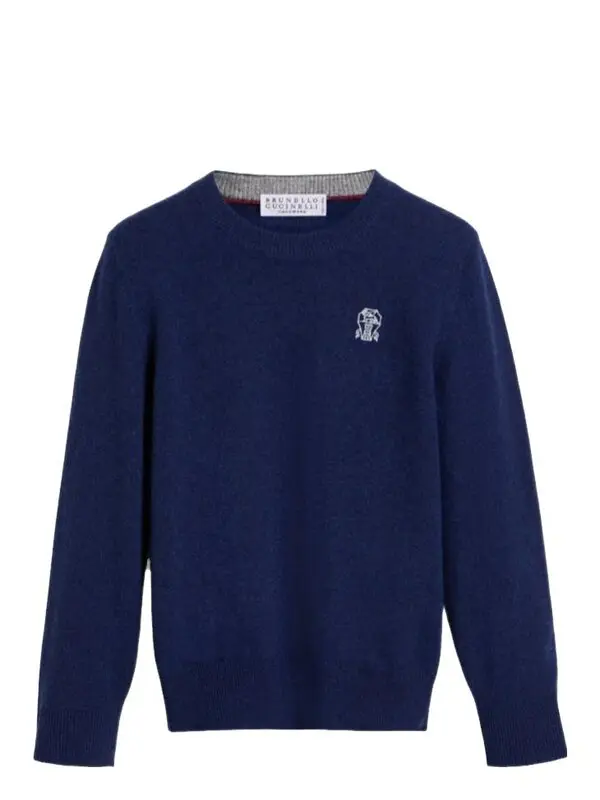 Brunello Cucinelli Embroidered Logo Cashmere Sweater - Blue