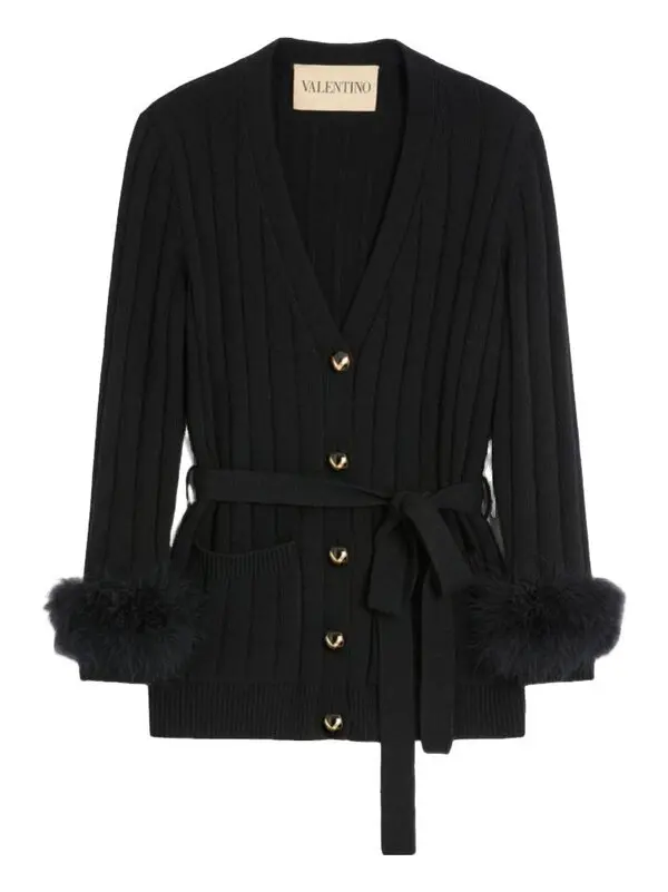 Valentino Garavani V-neck Feather Trim Cardigan - Black