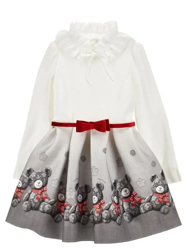 Monnalisa Long Sleeve Ruffle High Neck Dress With Bear Print - Medium Gray