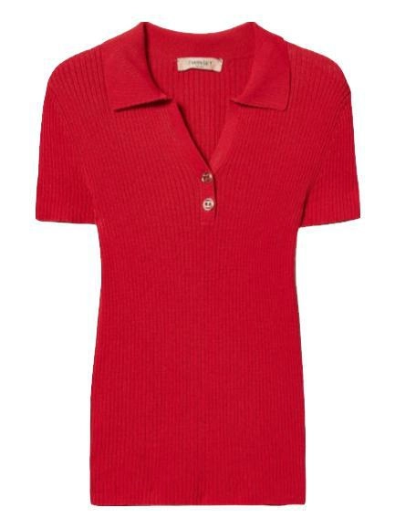 TWINSET Fine Ribbed Polo Top With Oval T Buttons - Red