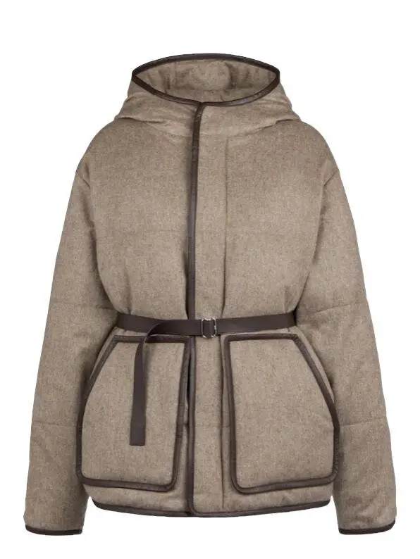 TOD'S Padded Hooded Coat With Leather Trim - Beige