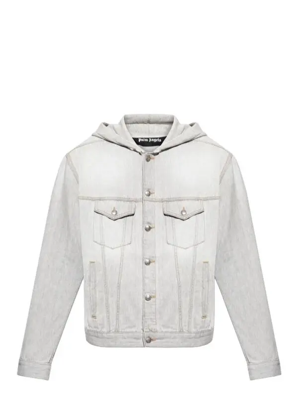 Palm Angels Logo Printed Hooded Denim Jacket - White