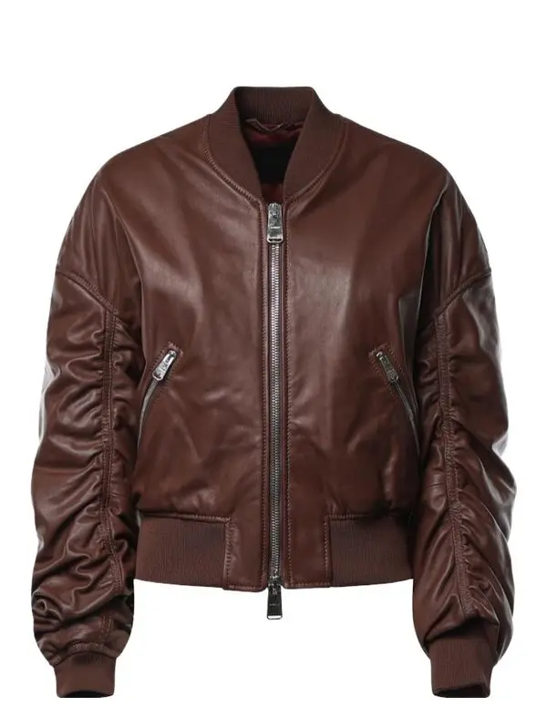 DONDUP Ruched Leather Bomber Jacket - Red