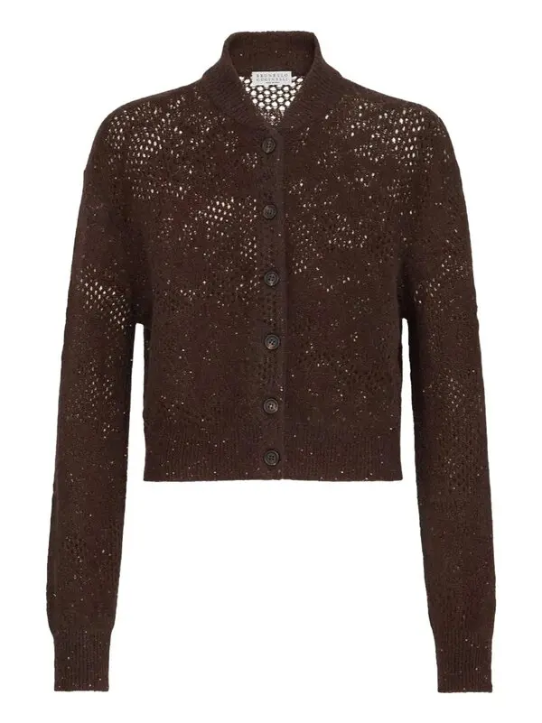 Brunello Cucinelli Lace Flowers Cardigan In Sparkling Mohair And Virgin Wool - Brown