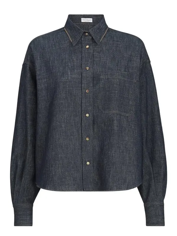Brunello Cucinelli Sparkling Long Sleeve Shirt With Shiny Collar - Denim
