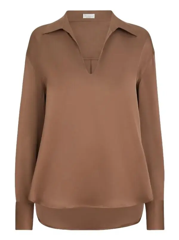 Brunello Cucinelli Silk Satin V-neck Blouse - Cigar