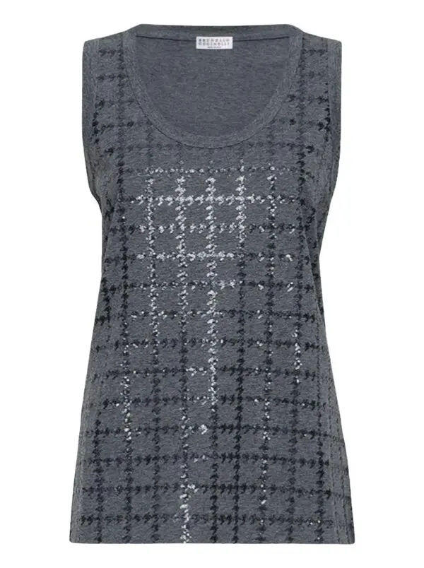 Brunello Cucinelli Cotton Jersey Top With Dazzling Windowpane Embroidery - Lead