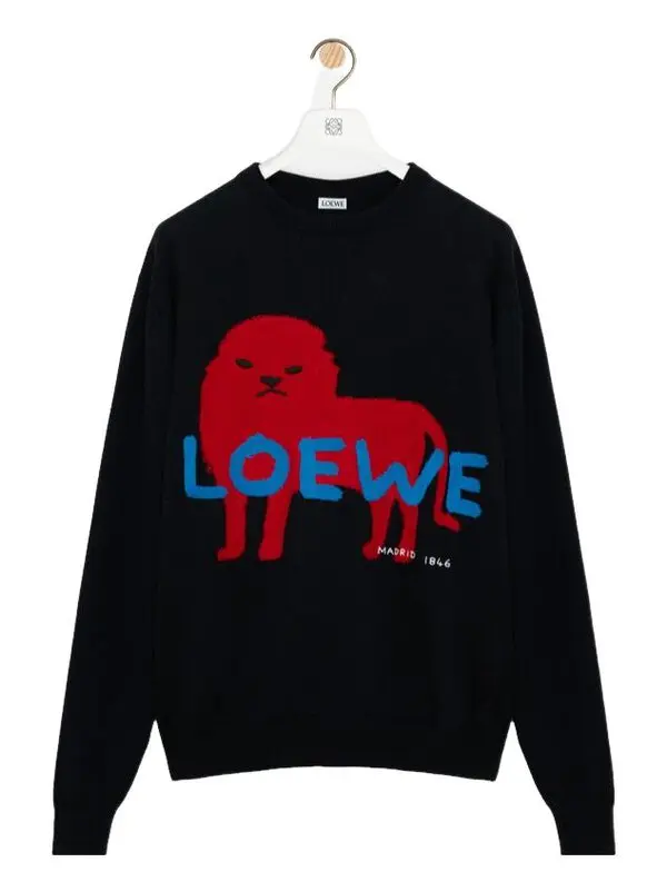 Loewe Crew Neck Lion Intarsia Sweater - Black