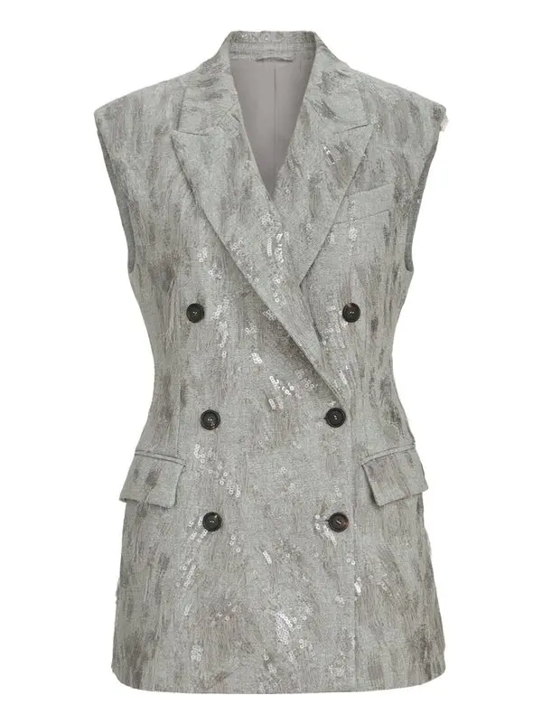 Brunello Cucinelli Virgin Wool And Cashmere Twill Flannel Vest With Dazzling Lynx Embroidery - Grey