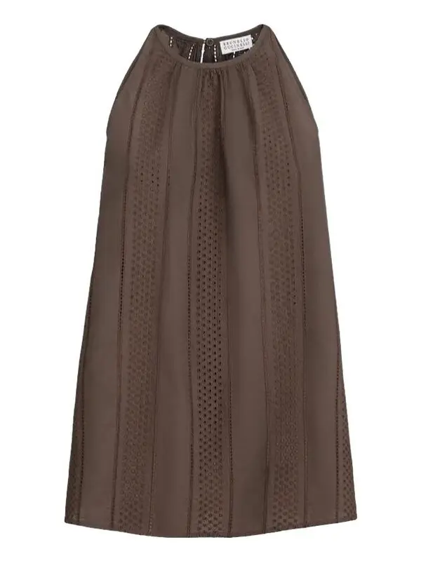 Brunello Cucinelli Techno Cotton Poplin Broderie Anglaise Top With Monili - Chocolate