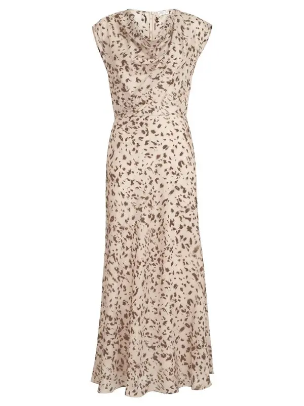 Brunello Cucinelli Lynx-print Silk Pongee Draped Dress With Monili - Beige