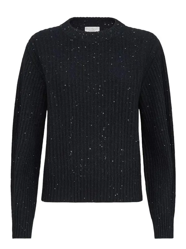 Brunello Cucinelli Sequin Embellished Ribbed Knit Sweater - Night