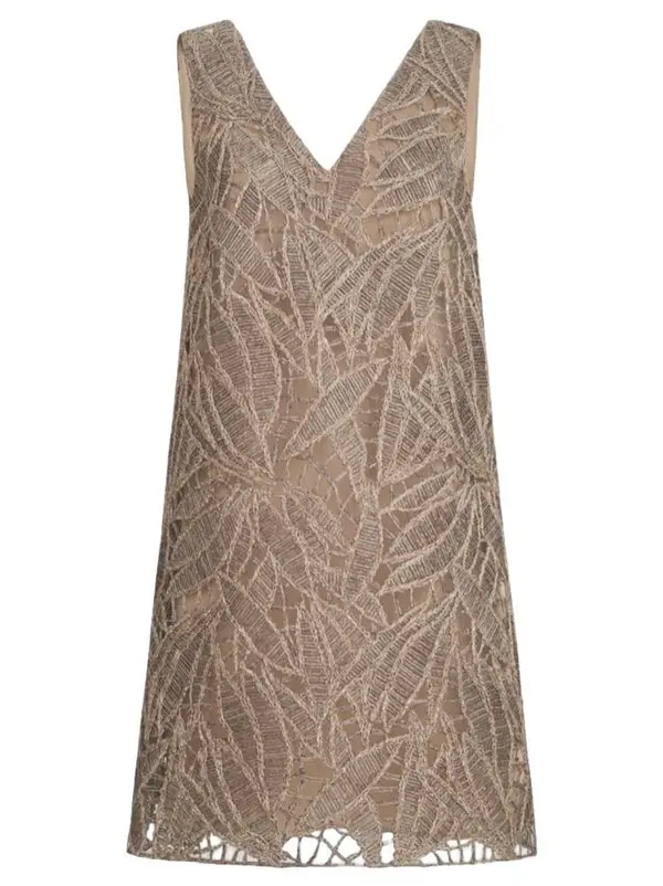 Brunello Cucinelli Linen And Cotton Dazzling Cacao Leaves Embroidery Mini Dress - Rope