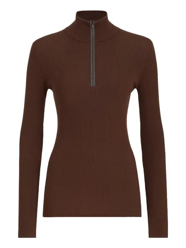 Brunello Cucinelli Virgin Wool And Cashmere Ribbed Turtleneck Sweater With Half-zip - Chocolate-colored