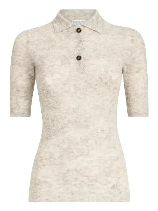 Brunello Cucinelli Silk, Alpaca And Wool Flower-lace Knit Polo - Fog