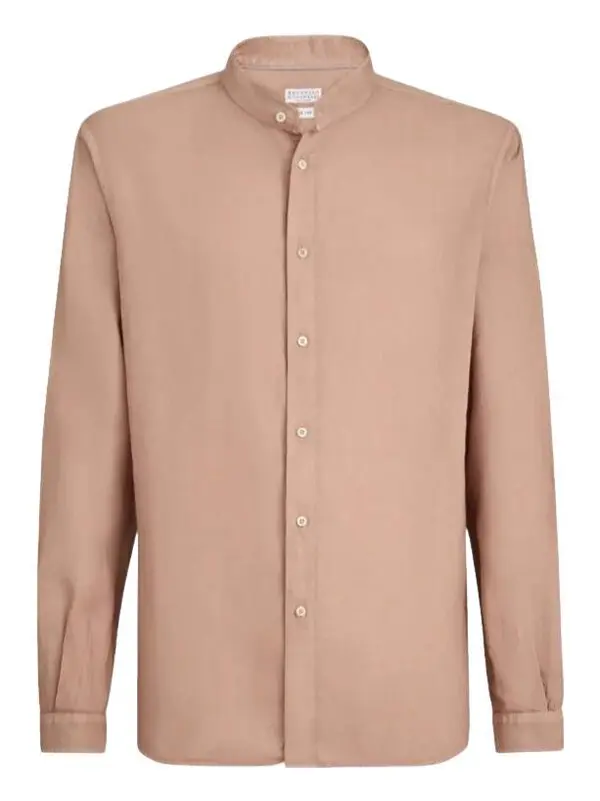 Brunello Cucinelli Garment-dyed Easy Fit Shirt In Cotton And Linen Pinpoint With Mandarin-collar - Earth
