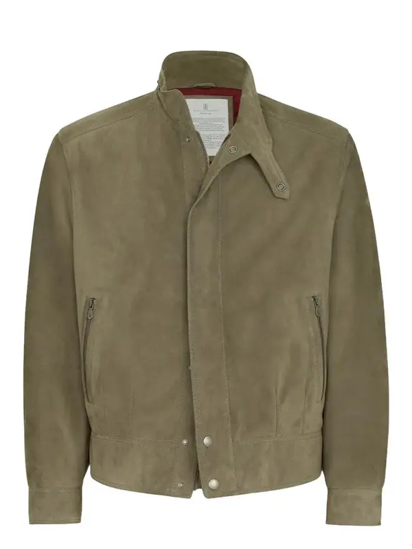 Brunello Cucinelli Suede Outerwear Jacket With Thermore Padding And Stand-up Collar - Green