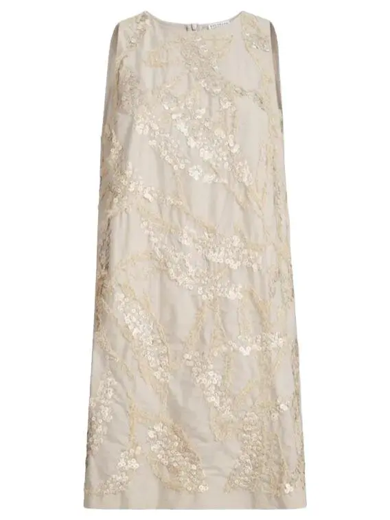 Brunello Cucinelli Techno Cotton Poplin Mini Dress With Dazzling Seabed Embroidery - Nude