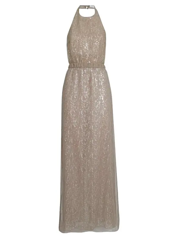 Brunello Cucinelli Halterneck Embellished Maxi Dress - Nude