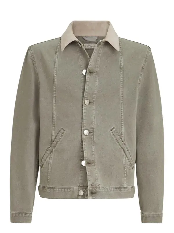 Brunello Cucinelli Garment-dyed Denim Jacket With Leather Collar - Gray