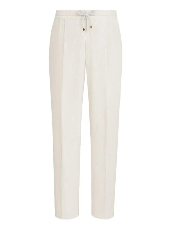 Brunello Cucinelli Garment-dyed Trousers In Cotton Corduroy With Drawstring And Double Pleats - White