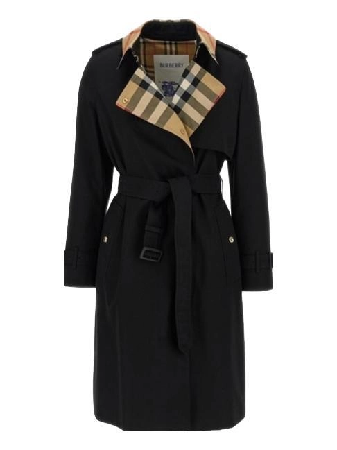 Burberry Long Check Collar Gabardine Trench Coat - Black