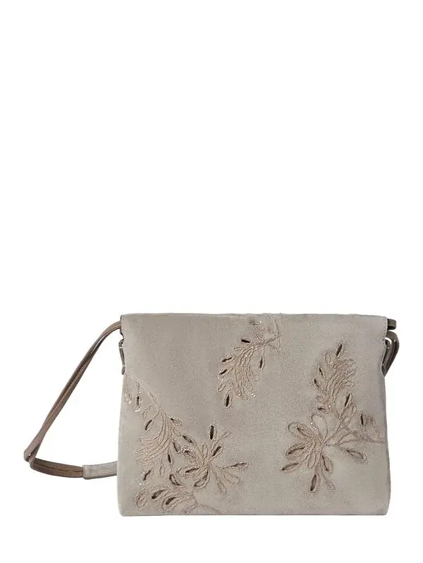 Brunello Cucinelli Suede Duo Pouch Bag With Broderie-anglaise And Monili - Light Gray