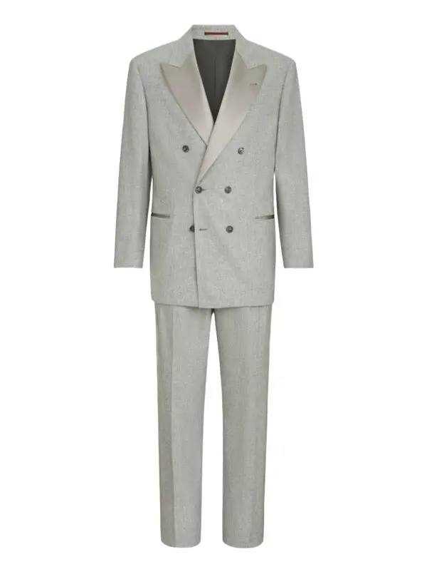 Brunello Cucinelli Cashmere And Silk Lightweight Flannel Tuxedo: One-and-a-half Breasted Jacket And Trousers With Double Pleats And Waist Tabs - Gray
