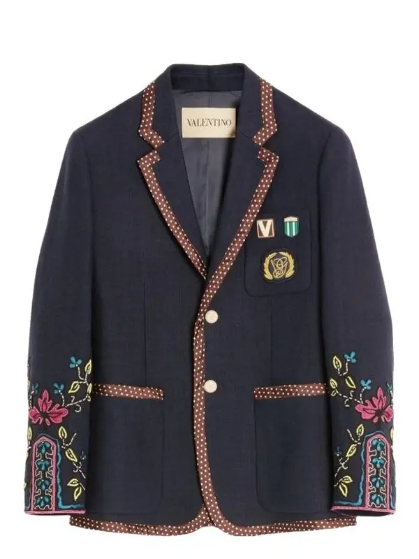 Valentino Garavani Embellished Lapel Long-sleeved Suit Jacket - Black