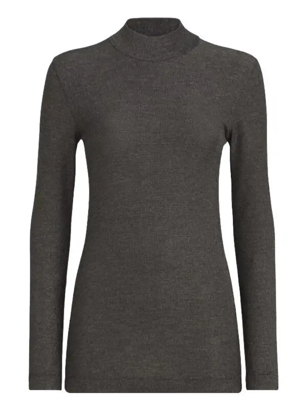 Brunello Cucinelli Sparkling Virgin Wool Mock Neck Long Sleeve T-shirt - Anthracite
