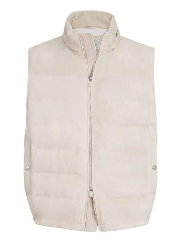 Brunello Cucinelli Suede Down Vest With Packable Hood - Light Brown
