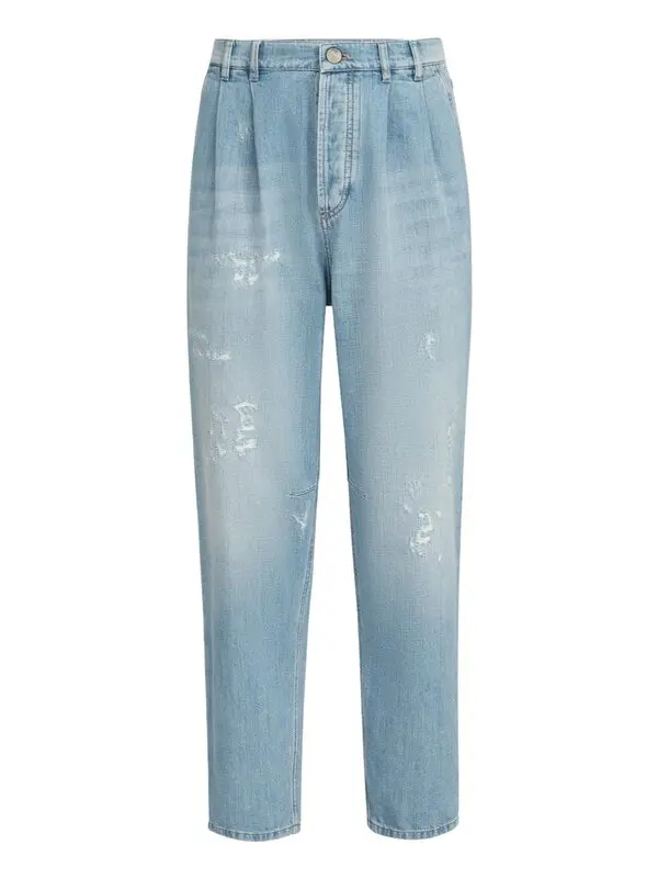 Brunello Cucinelli Lightweight Denim Iconic Fit Five-pocket Trousers With Double Pleats And Rips - Blue