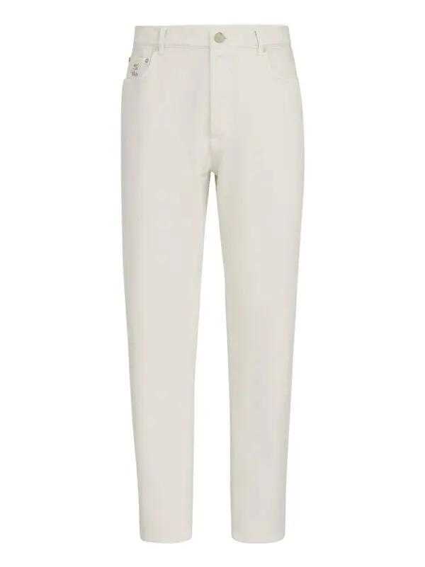 Brunello Cucinelli Garment-dyed Denim Iconic Fit Five-pocket Trousers With Rips - White