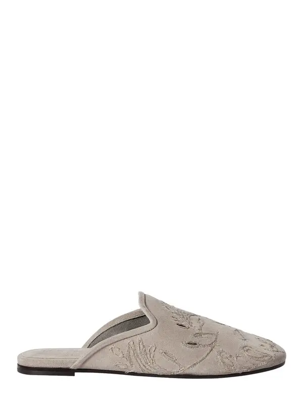 Brunello Cucinelli Suede Mules With Broderie Anglaise - Light Gray