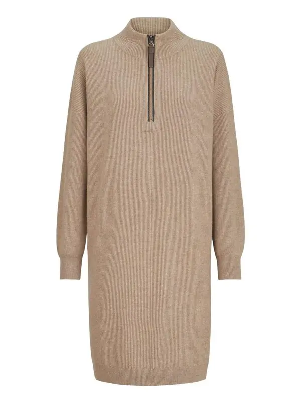 Brunello Cucinelli Virgin Wool, Cashmere And Silk Rib-knit Half-zip Dress - Beige