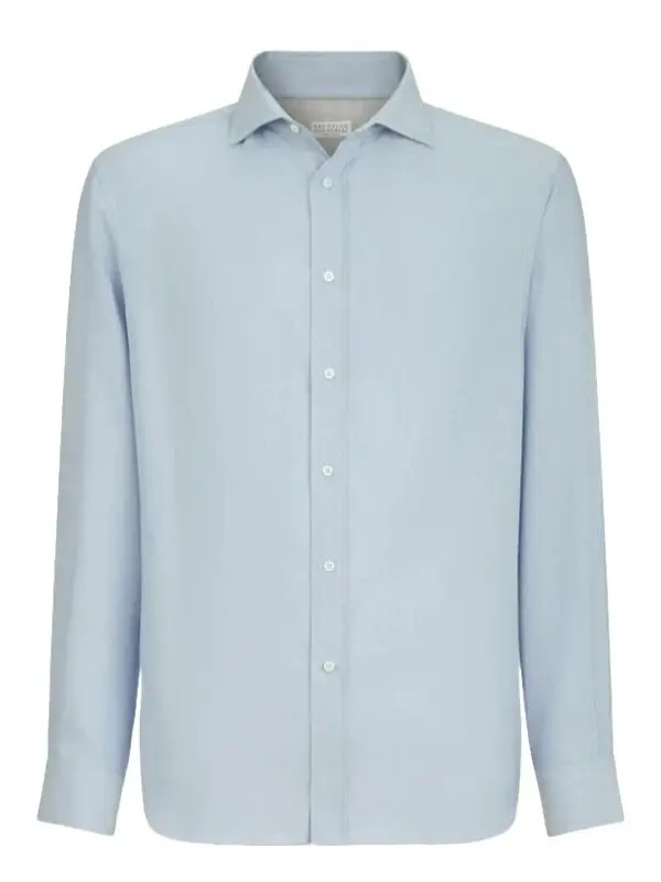 Brunello Cucinelli Cotton And Cashmere Denim-effect Diagonal Shirt With Spread Collar - Sky-blue