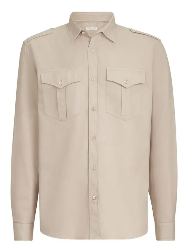Brunello Cucinelli Garment-dyed Shirt In Cotton Chevron With Spread Collar, Epaulettes And Chest Pockets - White