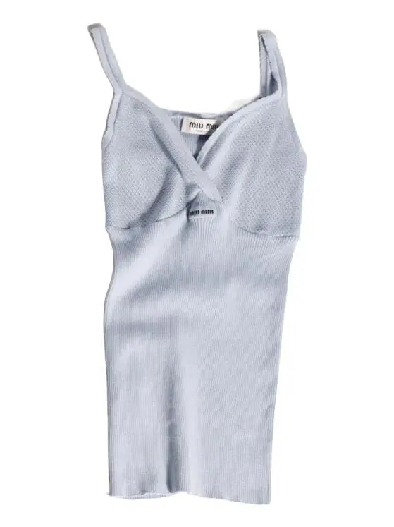 Miu Miu Cotton Knit Logo Design Sleeveless Pullover Top - White
