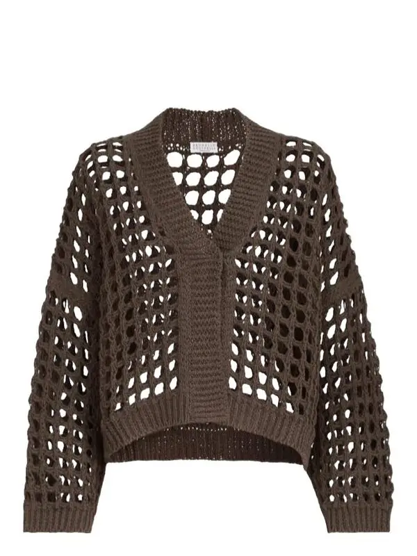 Brunello Cucinelli Jute And Cotton Net Cardigan - Brown