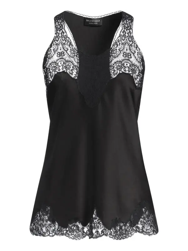 Balenciaga Satin Lace Scoop Neck Sleeveless Top - Black