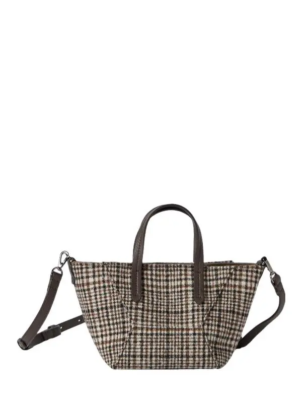 Brunello Cucinelli Duo Mini Bag In Prince Of Wales Alpaca And Wool With Monili - Black
