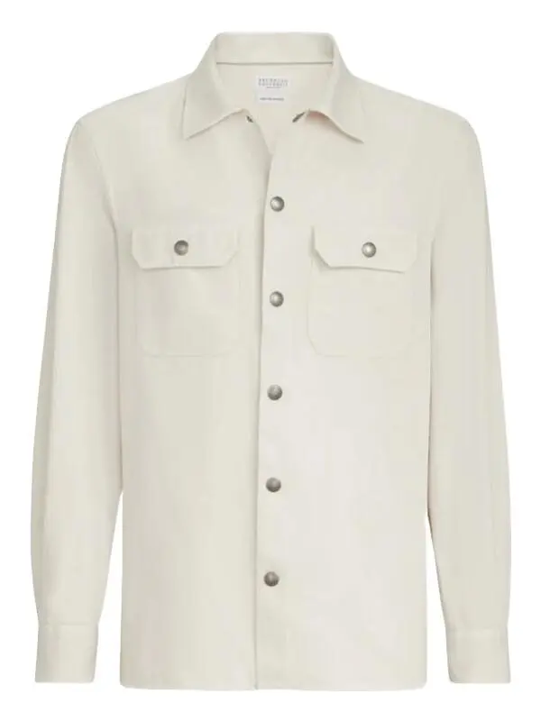 Brunello Cucinelli Garment-dyed Overshirt In Cotton Gabardine With Spread Collar And Chest Pockets - White