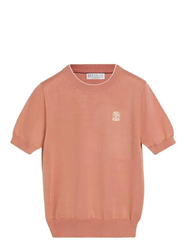 Brunello Cucinelli Lightweight Knit Cotton T-shirt With Logo Detail - Orange