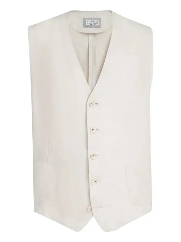 Brunello Cucinelli Linen Micro Chevron Waistcoat - White