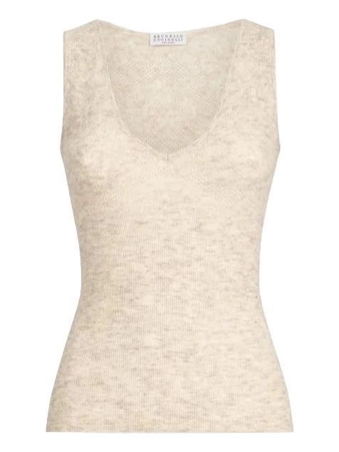 Brunello Cucinelli Silk, Alpaca, And Wool Flower-lace Knit V-neck Top - Sand-colored