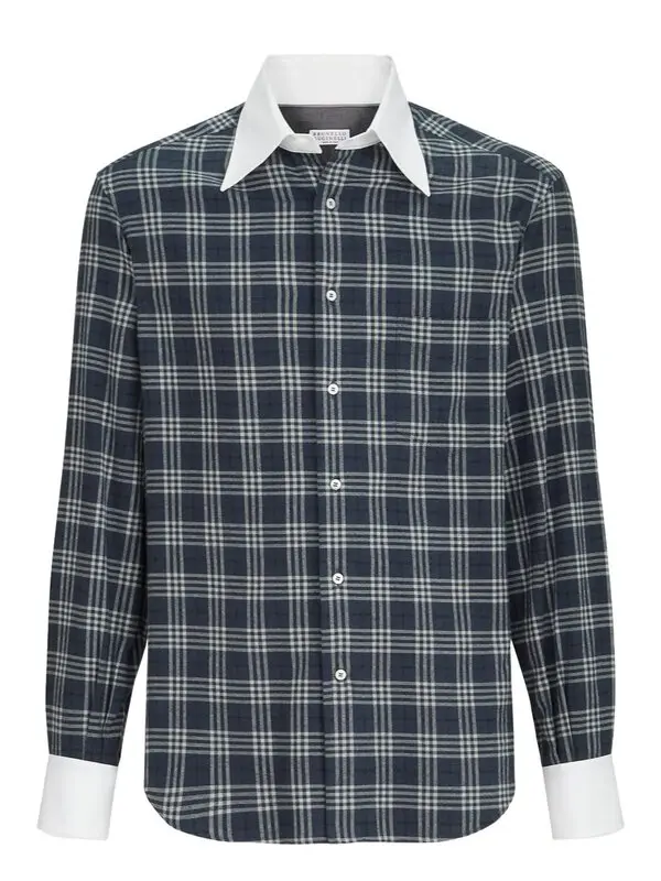 Brunello Cucinelli Cotton And Lyocell Tartan Flannel Shirt With Contrast Italian Collar And Cuffs - Denim