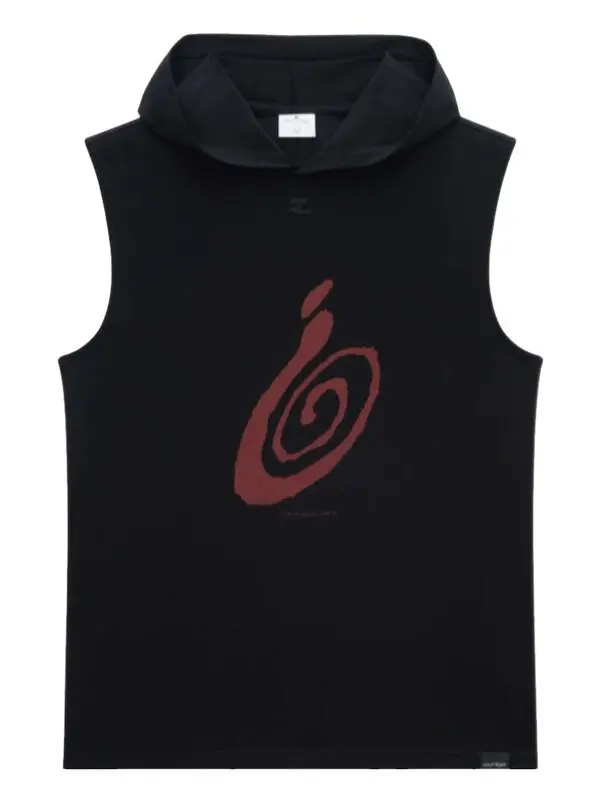 COURREGES Hooded Sleeveless T-shirt With Logo - Black