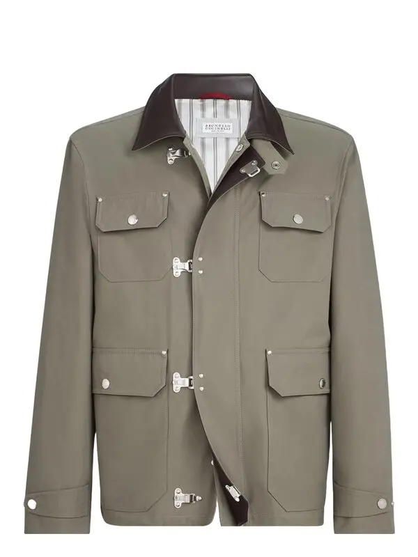 Brunello Cucinelli Water-resistant Techno Cotton Gabardine Jacket With Leather Inserts - Gray