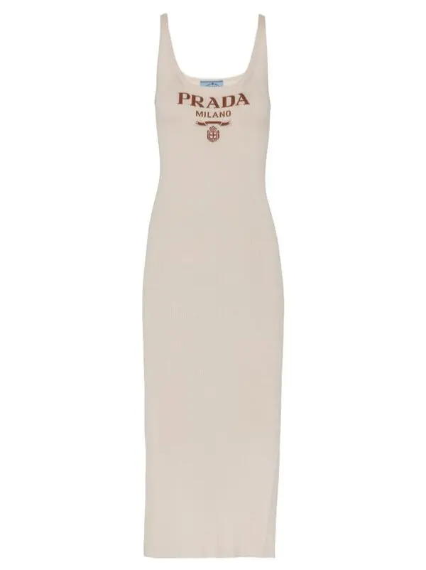 Prada Ribbed Monogram Logo Sleeveless Dress - Ivory