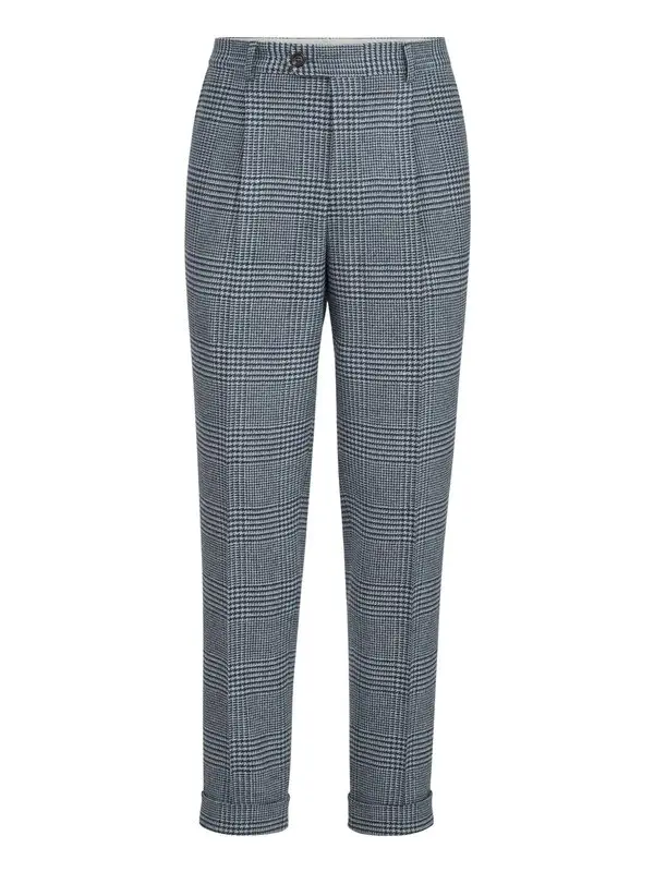 Brunello Cucinelli Comfort Wool And Cashmere Prince Of Wales Flannel Trousers With Pleat - Sky-blue